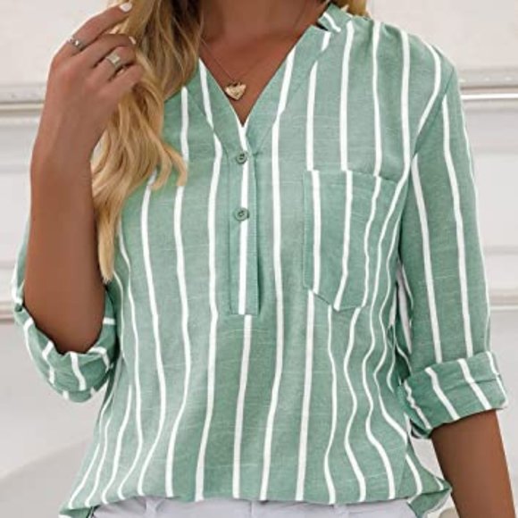 Tops | Sage Green Stripe Shirt | Poshmark